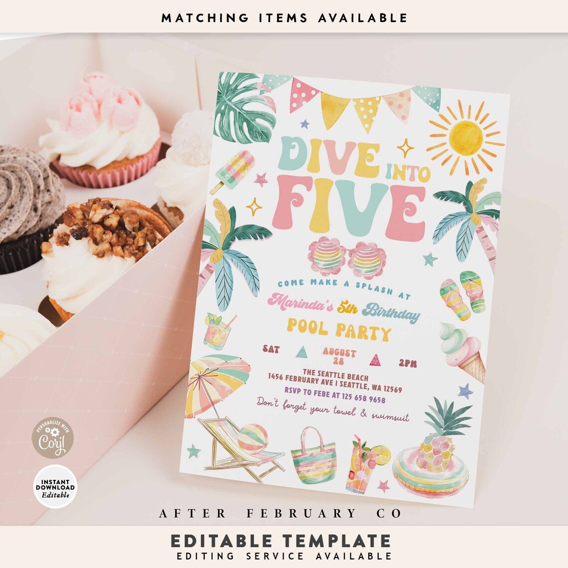 Dive Into Five 5th Birthday Pool Party Invitation: Pink Swimming Invite ...
