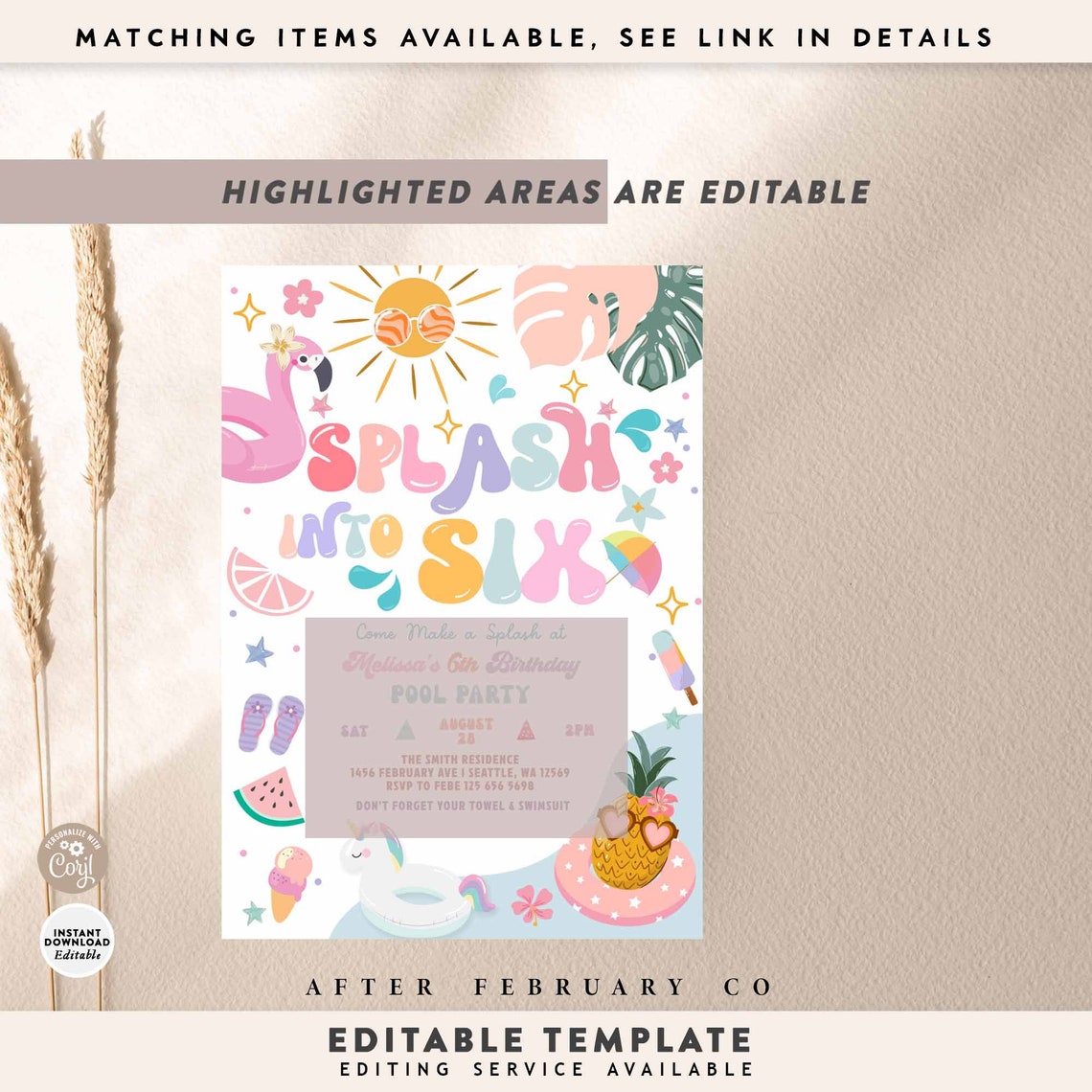 Editable Splash Into SIX 6th Birthday Pool Party Invitation Girly ...