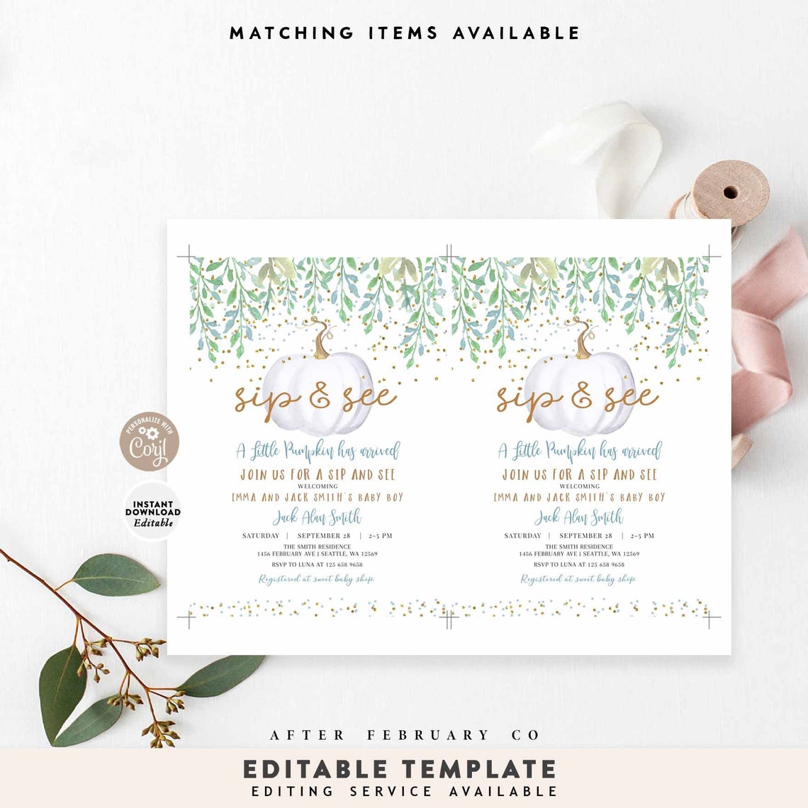 EDITABLE Sip and See Boy Pumpkin Sip and See Fall Sip and See Blue Gold ...