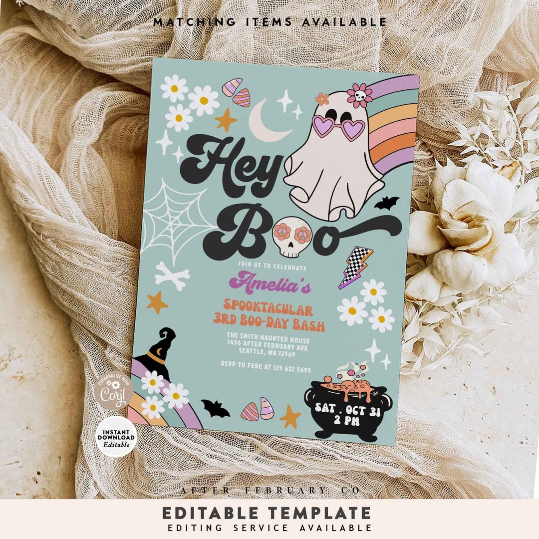 Editable ANY AGES Groovy Hey Boo Halloween Ghost Birthday Invitation ...