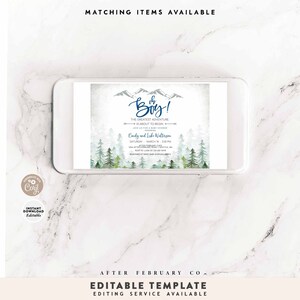 Editable Adventure Baby Shower Invitation Oh Boy Forest Blue Green ...