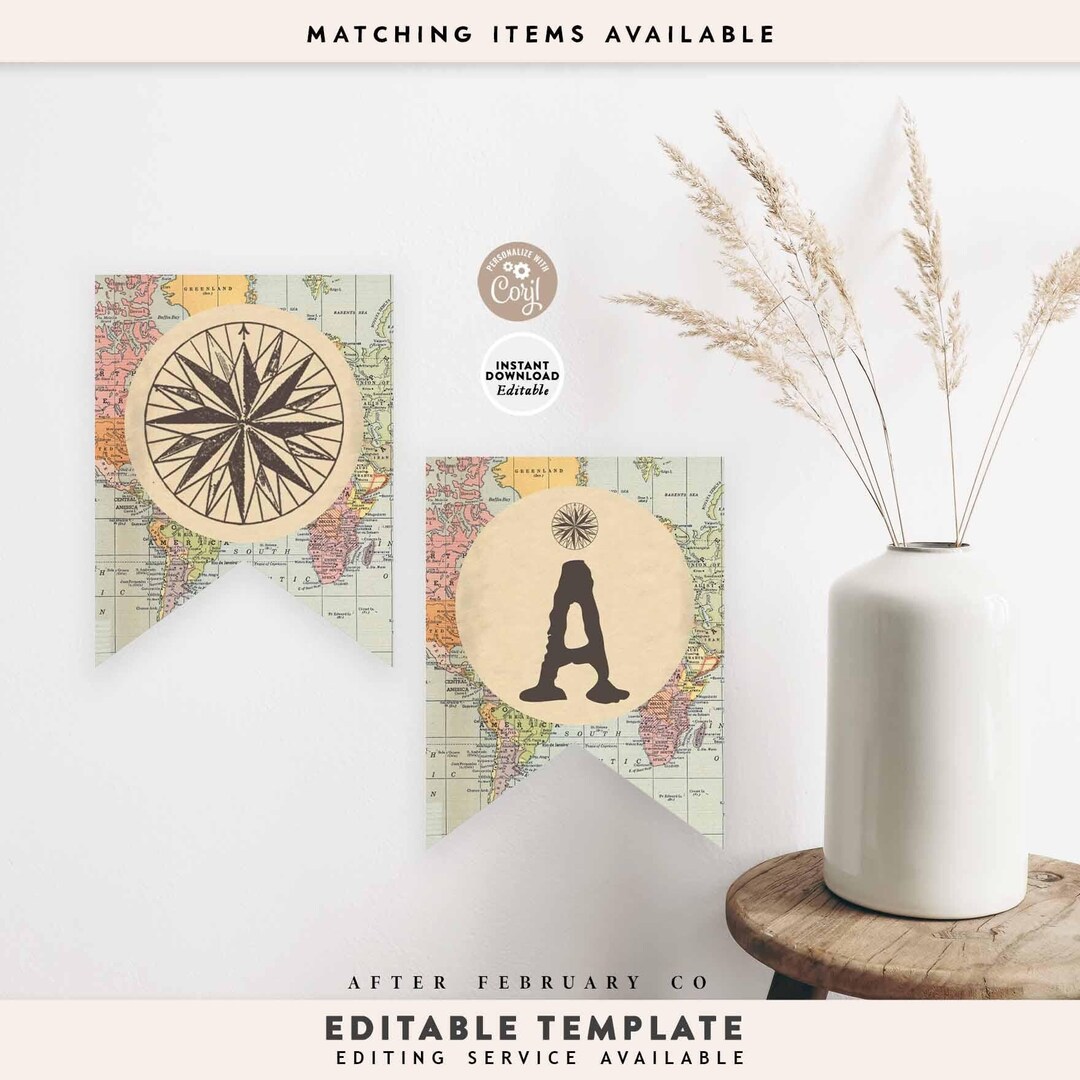 Editable Travel Compass Around the World Printable Pennant Banner ...