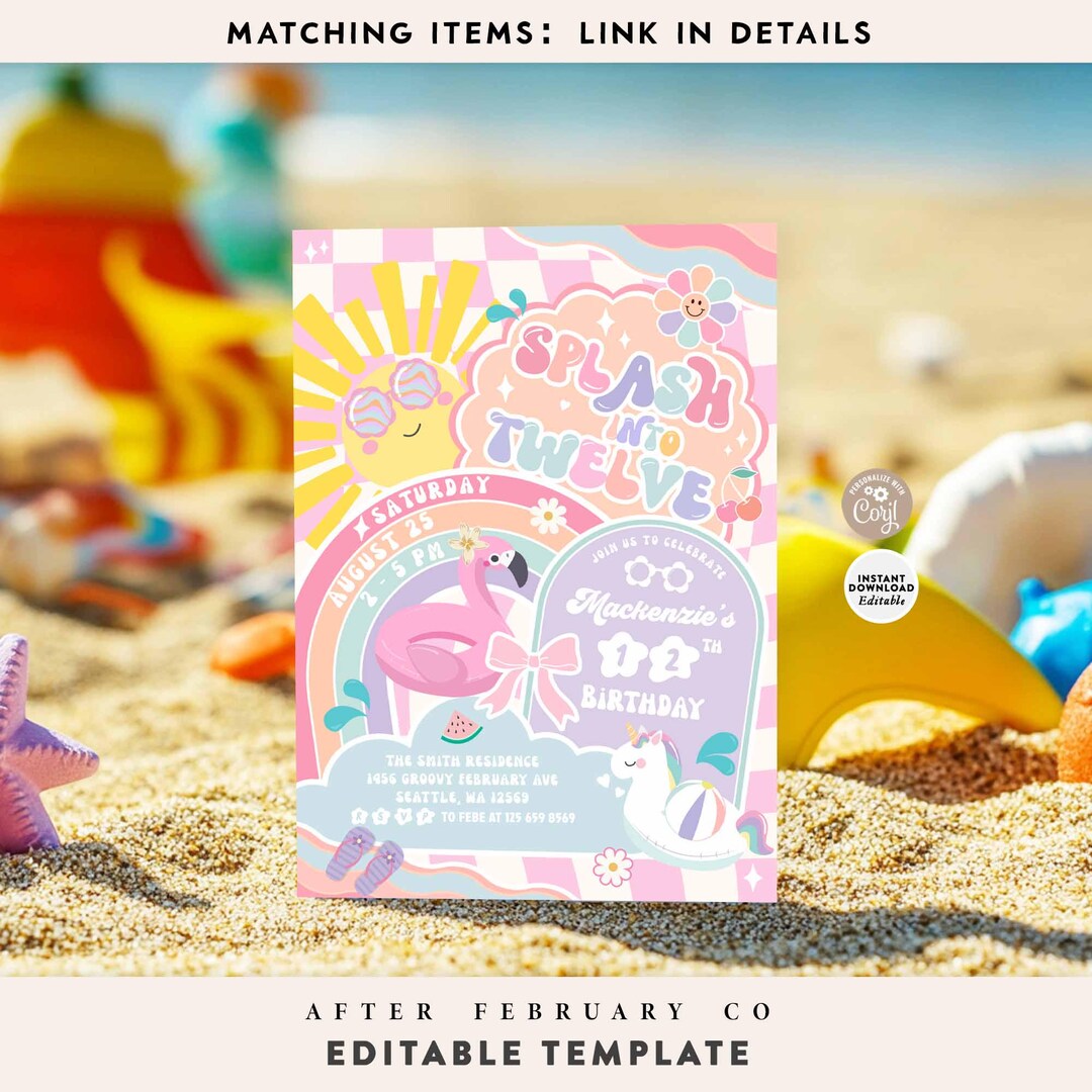 Editable Preppy Groovy Splash Into Twelve 12th Birthday Pool Party ...