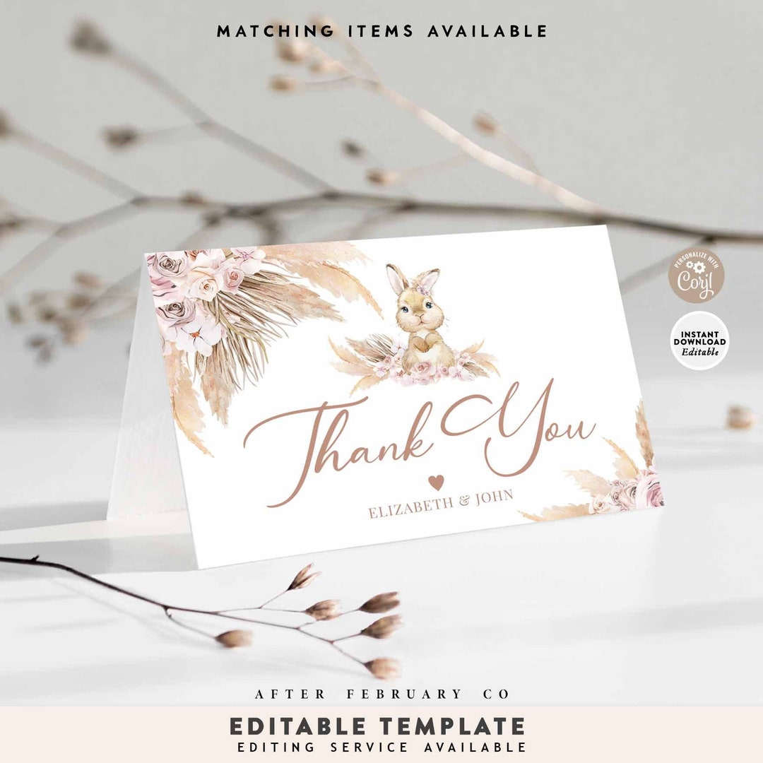 EDITABLE Pampas Grass Boho Pink Bunny Rabbit Gracias Tarjeta Plegada ...