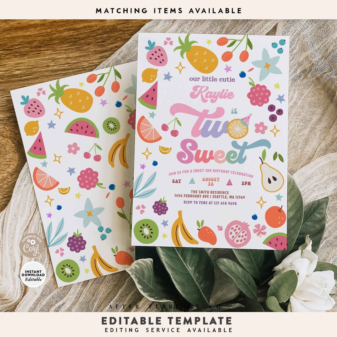 Editable Fruit TWO SWEET Birthday Invitation Fruit 2nd Birthday Invite ...