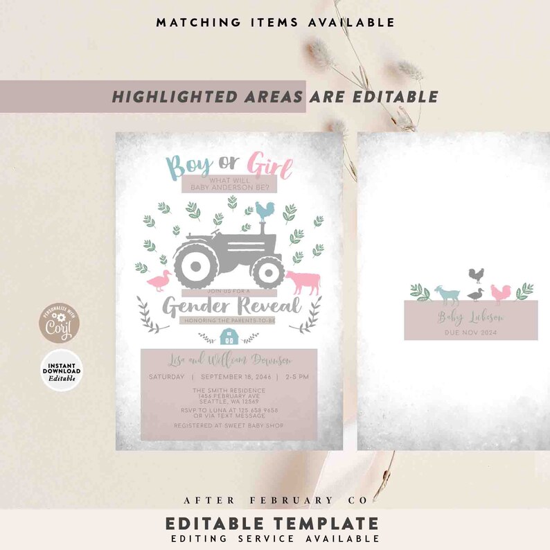EDITABLE Blue Pink Farm Tractor Gender Reveal Party Invitation Gender ...