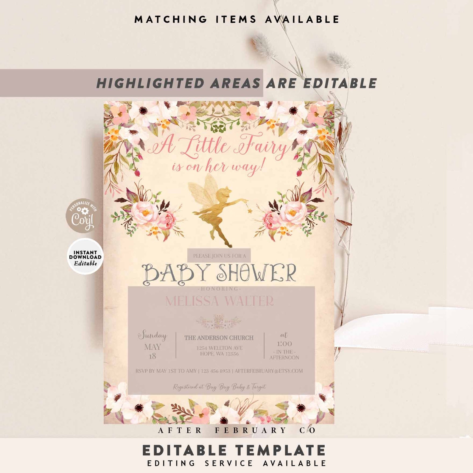 EDITABLE Fairy Baby Shower Invitation Girl Floral Enchanted - Etsy