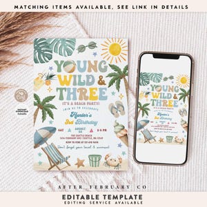 Editable BOY Young Wild and Three Beach 3rd Birthday Beach Party ...
