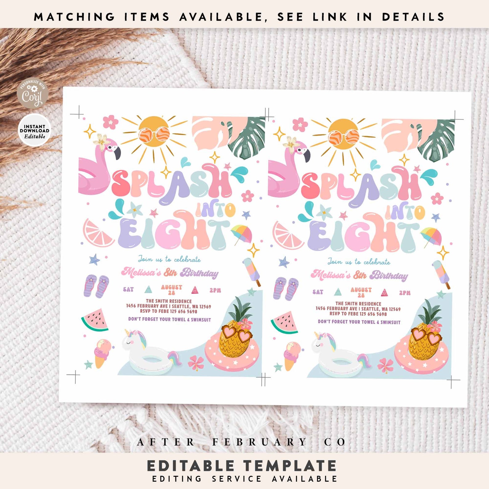 Splash Into Eight 8th Birthday Pool Party Invitation: Summer Swimming ...