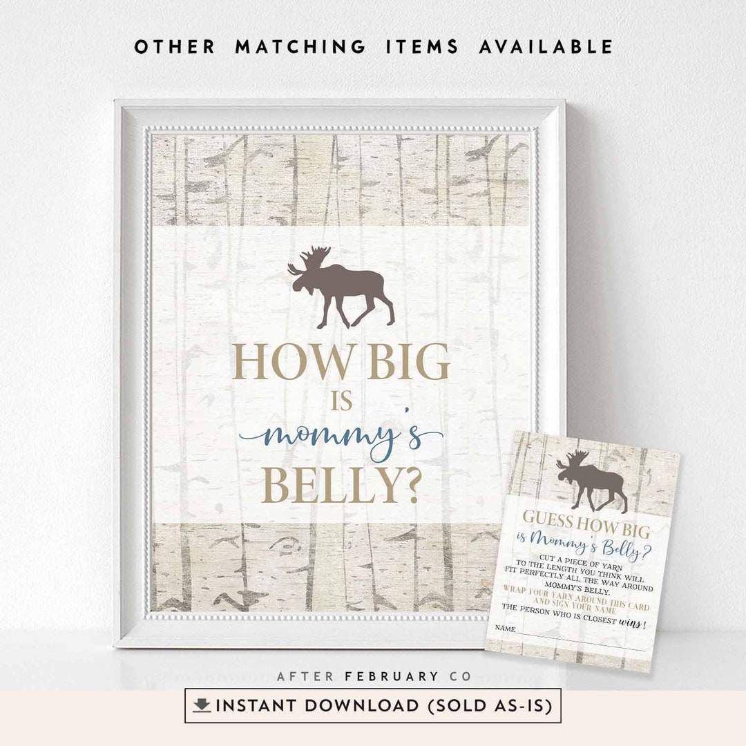 Woodland Rustic Moose Blue Birch Guess How Big is Mommy's Belly Game ...