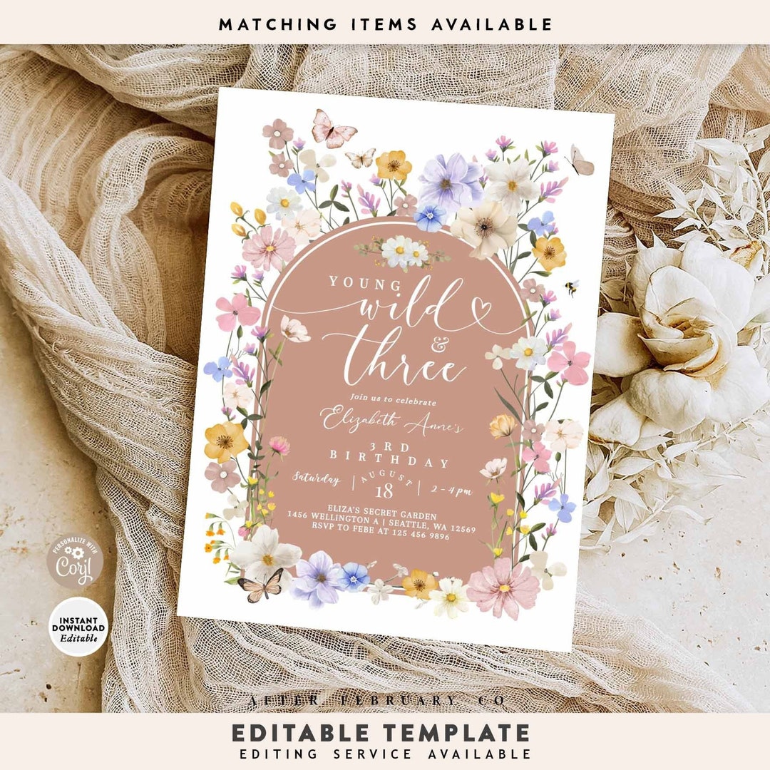 Editable Wildflower Young Wild and Three 3rd Birthday Invitation Daisy ...