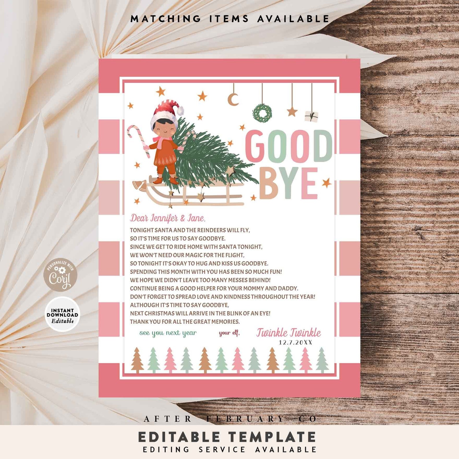 Girl Elf Goodbye Letter: Pink Modern Elf Letters Printable Editable ...