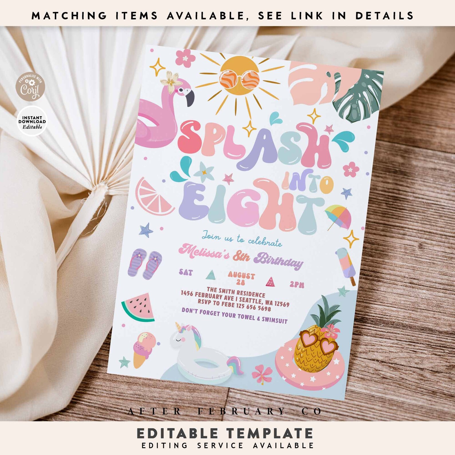 Splash Into Eight 8th Birthday Pool Party Invitation: Summer Swimming ...