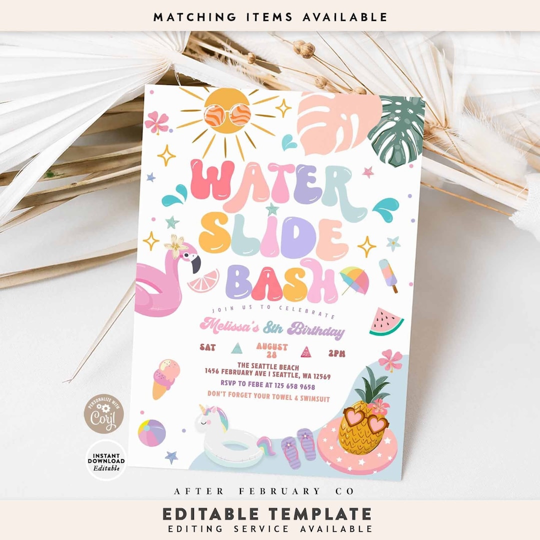 Editable ANY AGE Water Slide Party Birthday Water Party Invitation ...