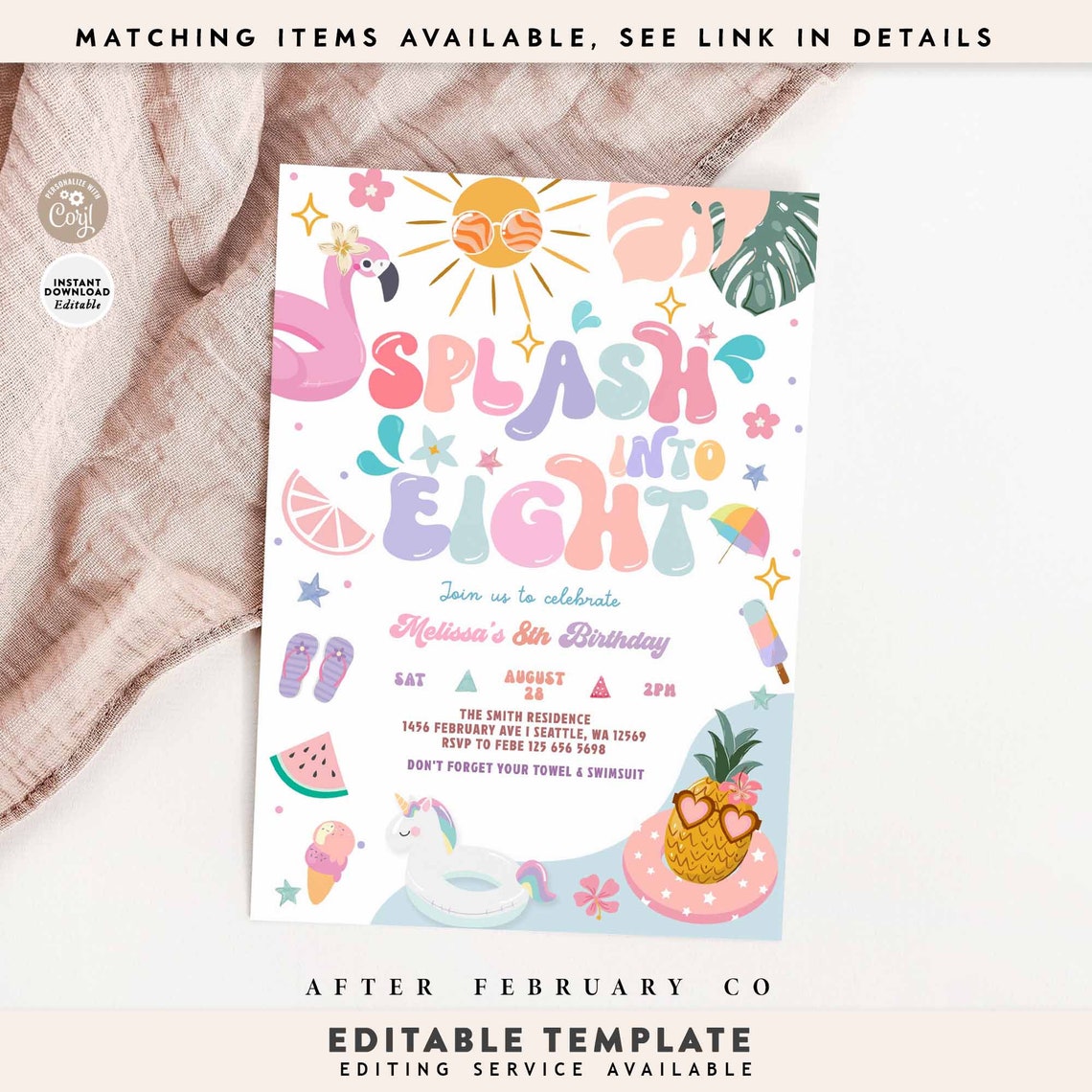 Splash Into Eight 8th Birthday Pool Party Invitation: Summer Swimming ...