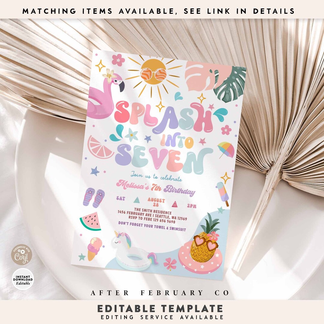 Splash Into Seven 7th Birthday Pool Party Invitation: Summer Swimming ...