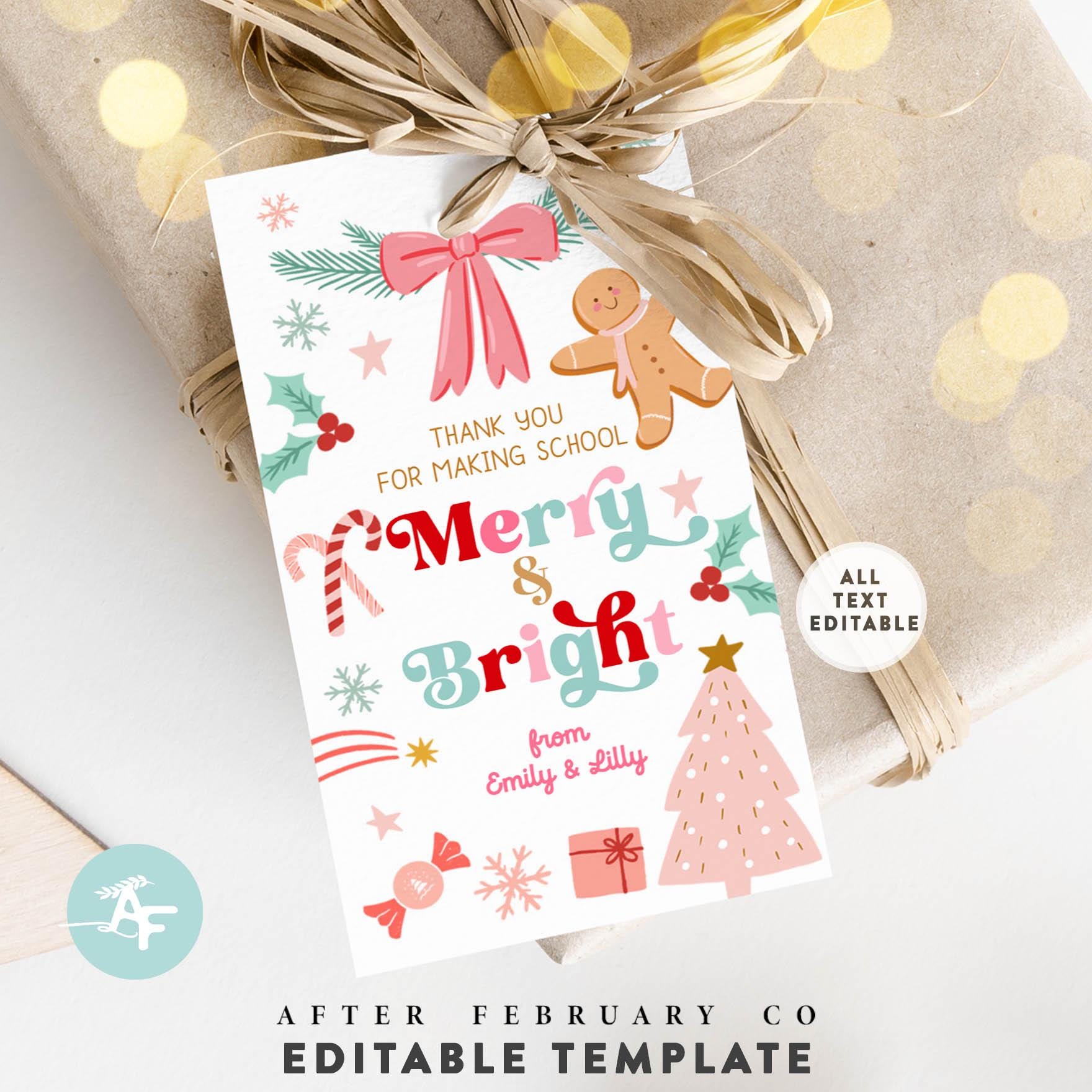Christmas Teacher School Tag, Merry and Bright All Text Editable ...
