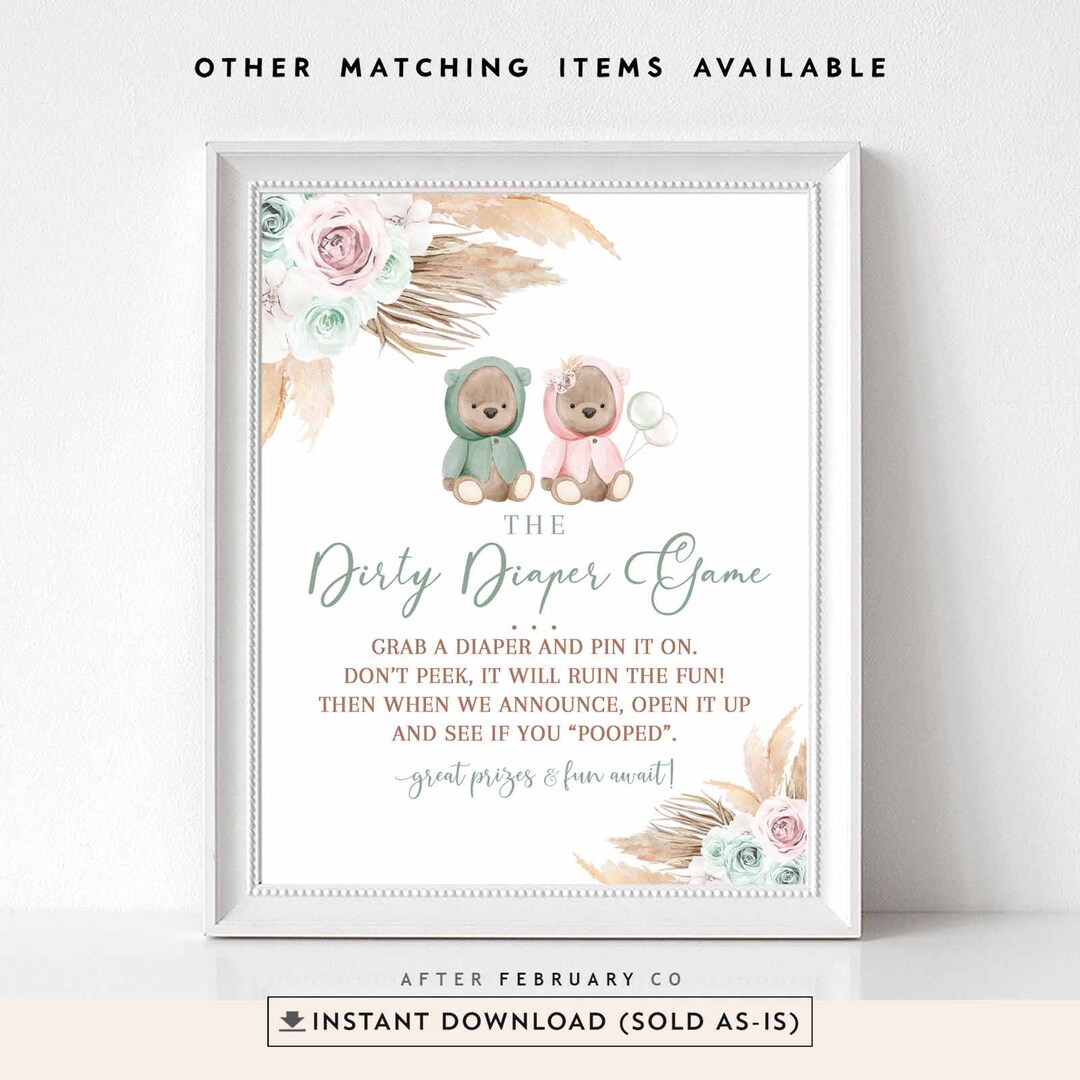 Twin Boy Girl Pink Sage Green Pampas Grass Boho Teddy Bear Baby Shower ...