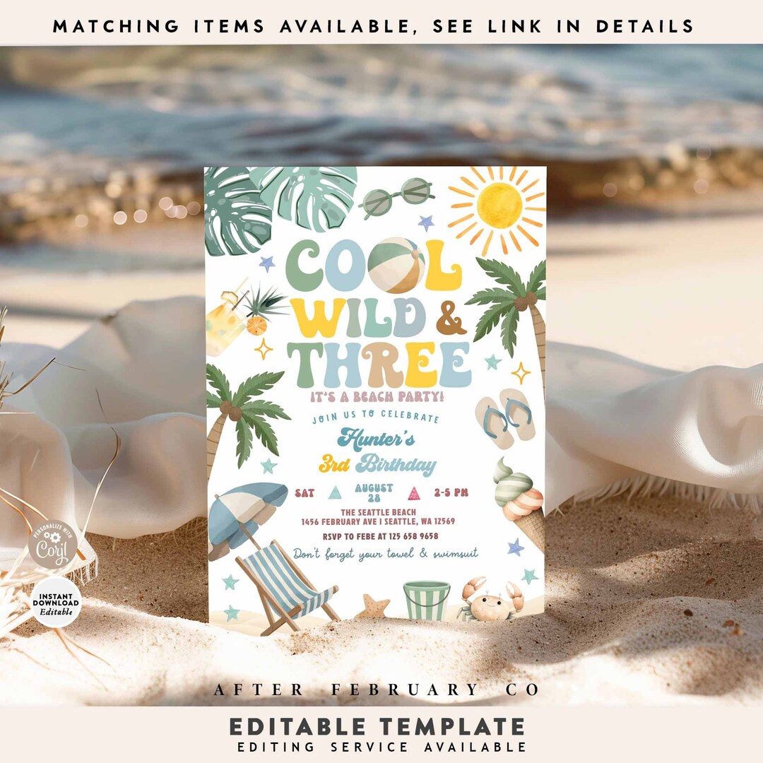 Editable BOY Cool Wild and Three Beach 3rd Birthday Beach Party ...