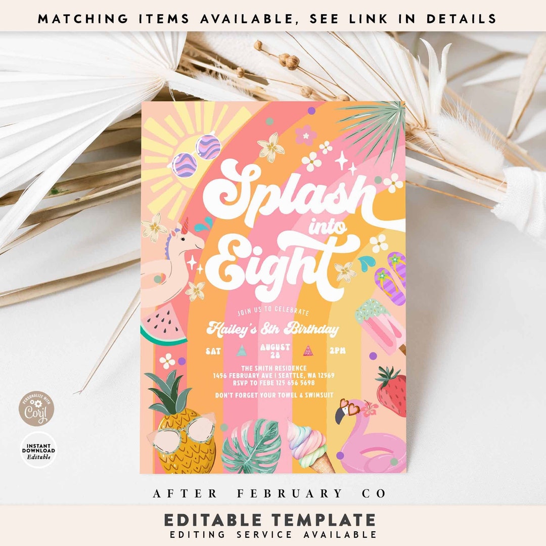 Editable Splash Into EIGHT 8th Birthday Pool Party Invitation Girly ...