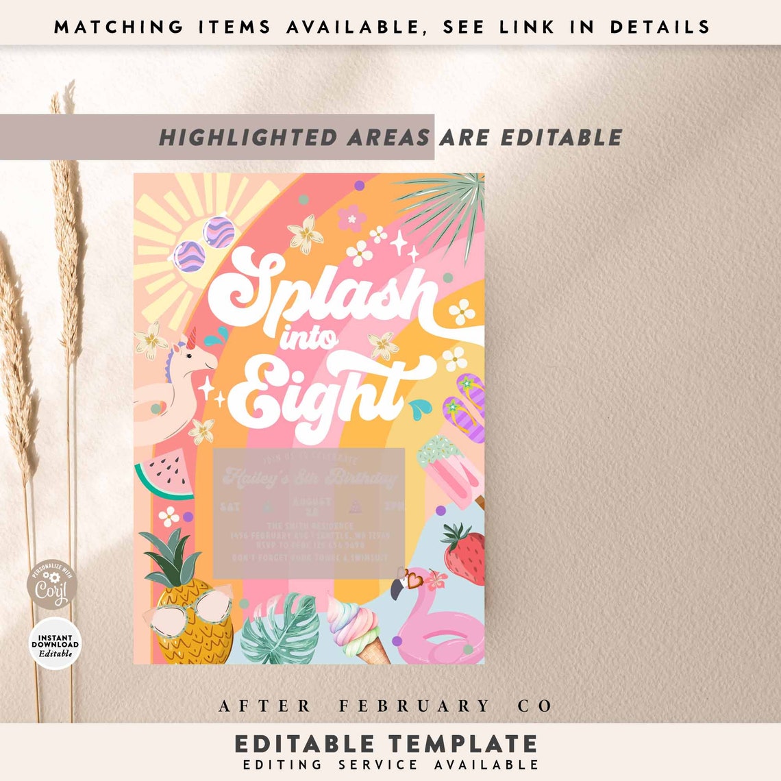 Splash Into Eight 8th Birthday Pool Party Invitation: Swimming Invite ...
