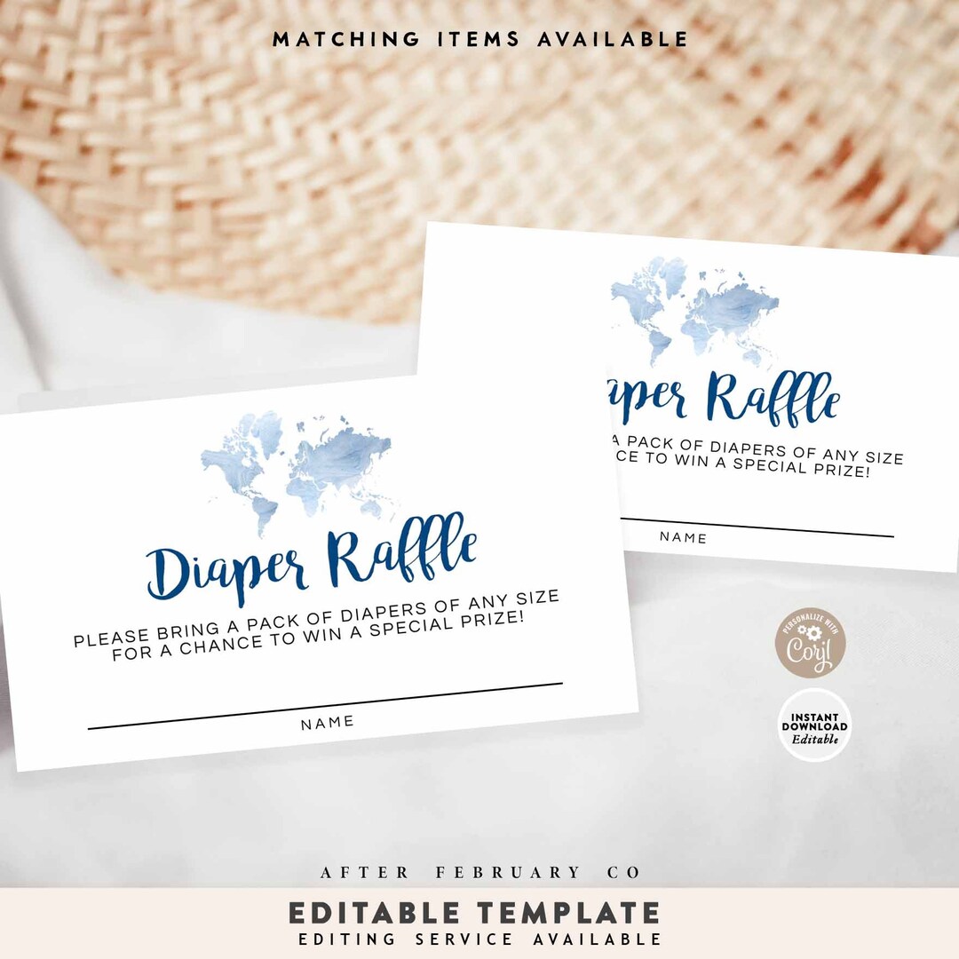 EDITABLE Blue World Map Adventure Diaper Raffle Ticket Printable Travel ...