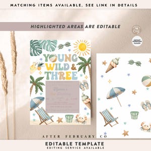Editable BOY Young Wild and Three Beach 3rd Birthday Beach Party ...