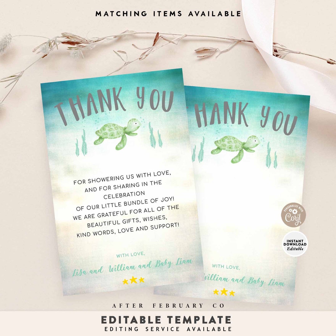 EDITABLE Thank You Note Card Sea Turtle Gender Neutral Yellow Mint ...