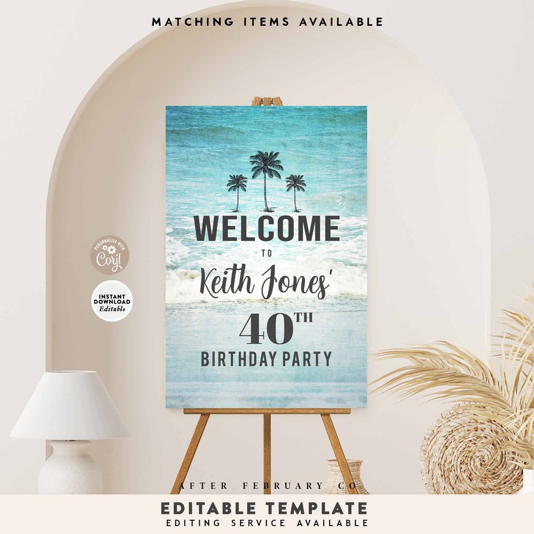 EDITABLE Tropical Plum Tree Birthday ANY EVENT Welcome Sign Beach Pool ...