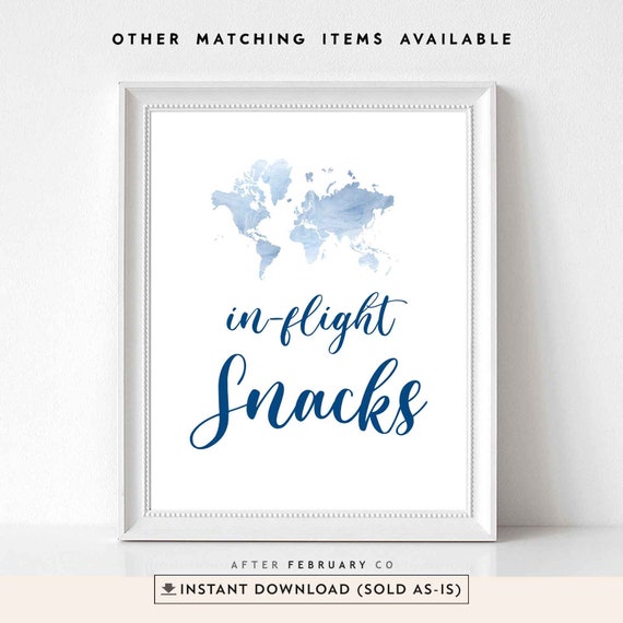 Blue World Map Adventure Shower Signs in Flight Snacks Sign | Etsy