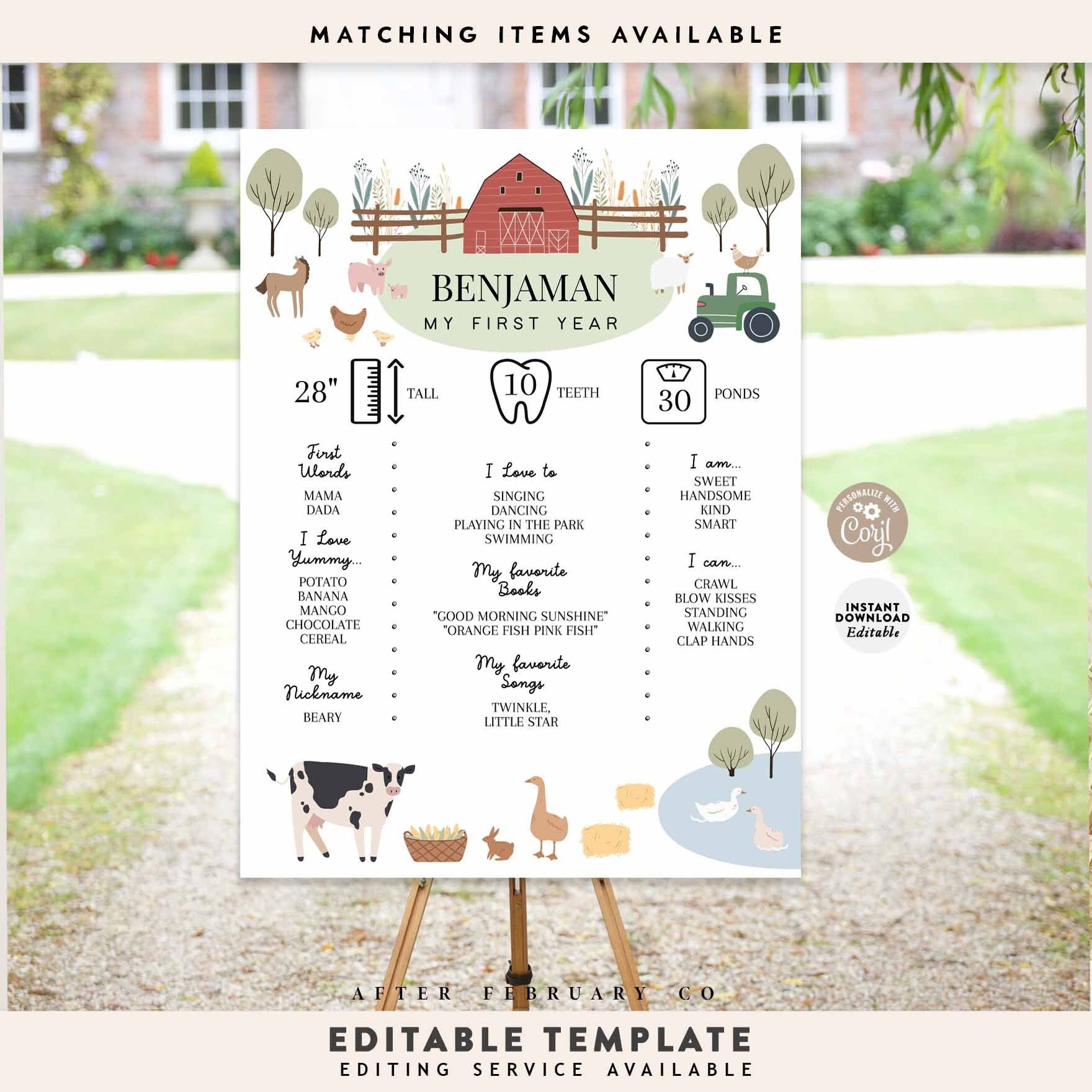 Farm Party Animals Birthday Facts Milestone Sign: Editable Barn Party ...