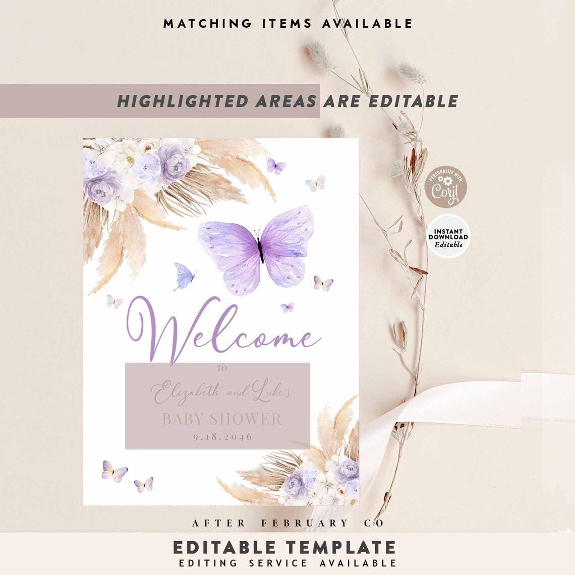 EDITABLE Girl Purple Lavender Boho Butterfly Baby Shower - Etsy