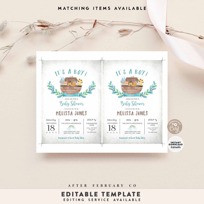 EDITABLE Noah's Ark Invitation Boy Baby Shower Sprinkle - Etsy