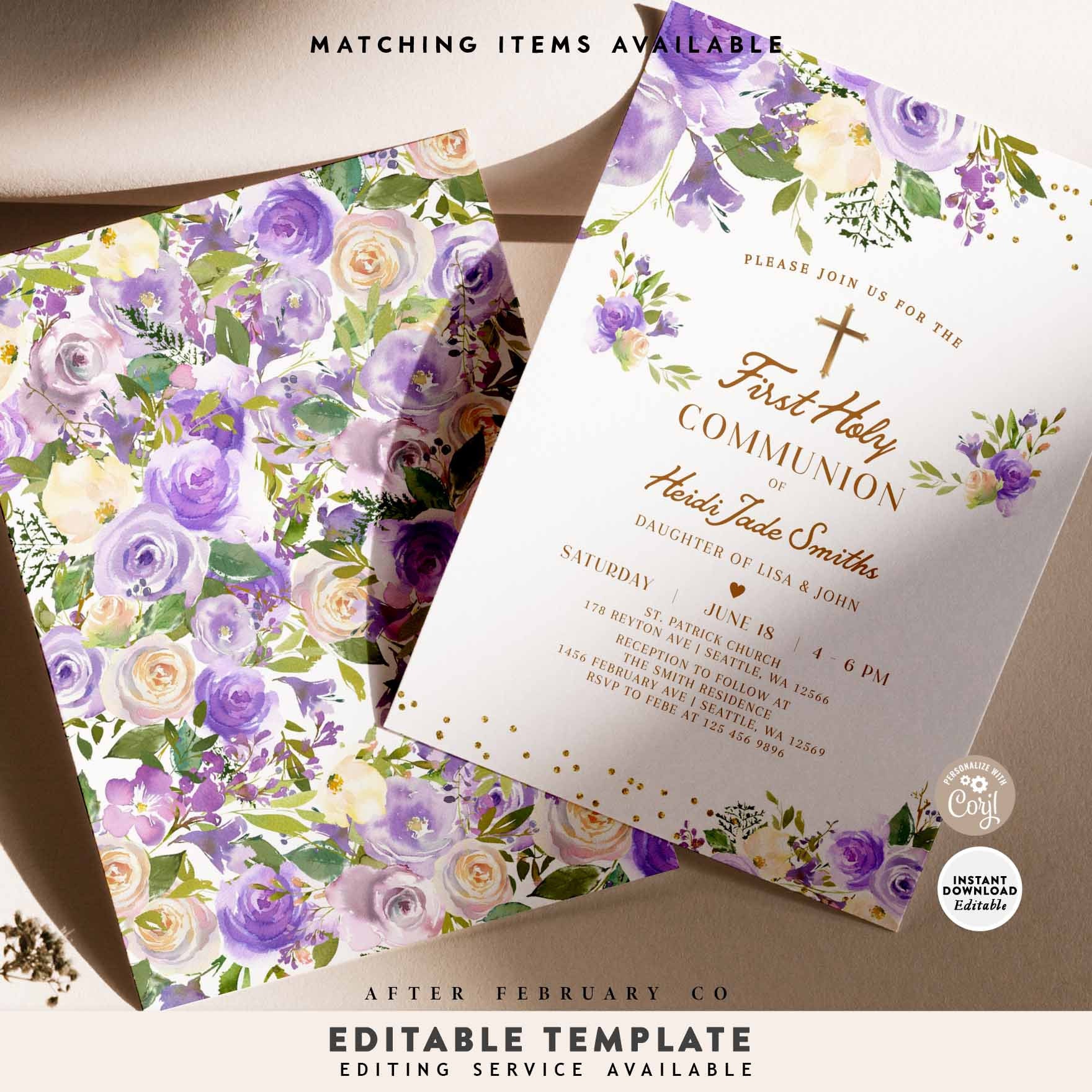 EDITABLE Lavender Purple Gold Floral First Holy Communion - Etsy