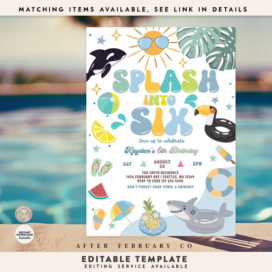 Splash Into SIX Boy 6th Birthday Pool Party Invitation: Shark Invite ...