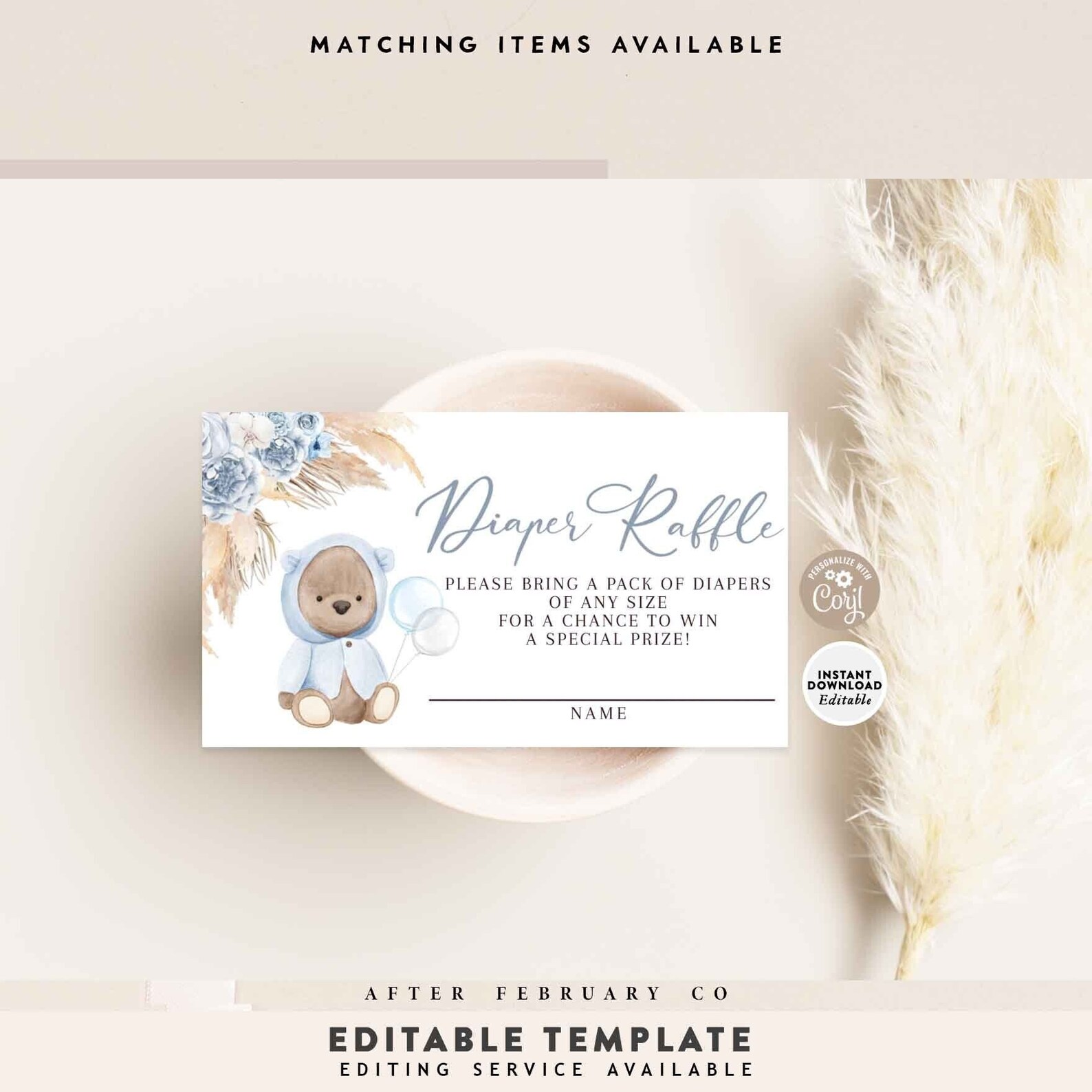 EDITABLE Boho Teddy Bear Diaper Raffle Ticket Printable Pampas Grass ...
