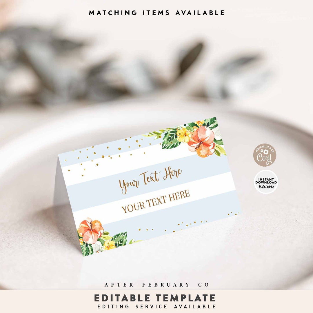 EDITABLE Tropical Modern Summer Beach Hawaii Aloha Blue Place Card ...