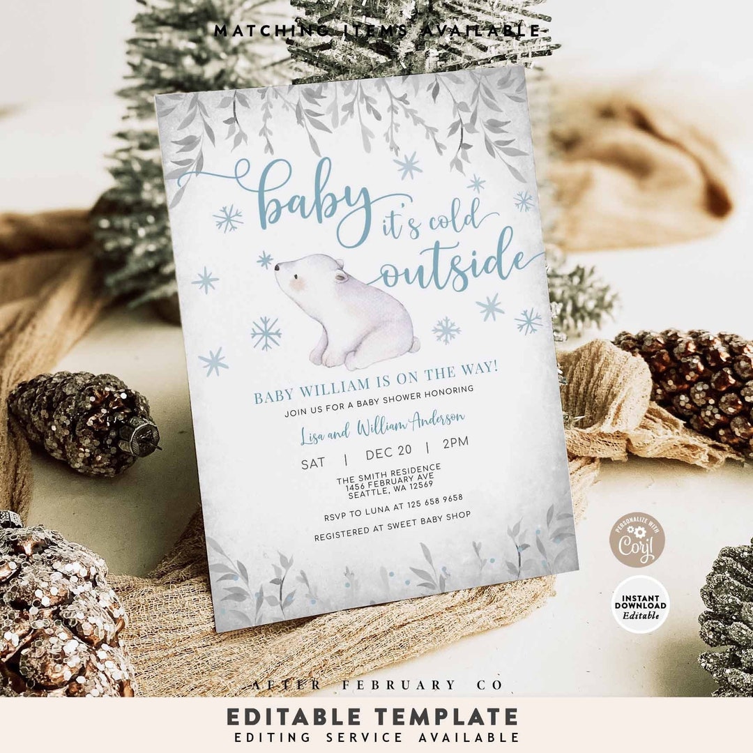 EDITABLE Boy Blue Winter Polar Bear Baby Shower Baby It's Cold Outside ...