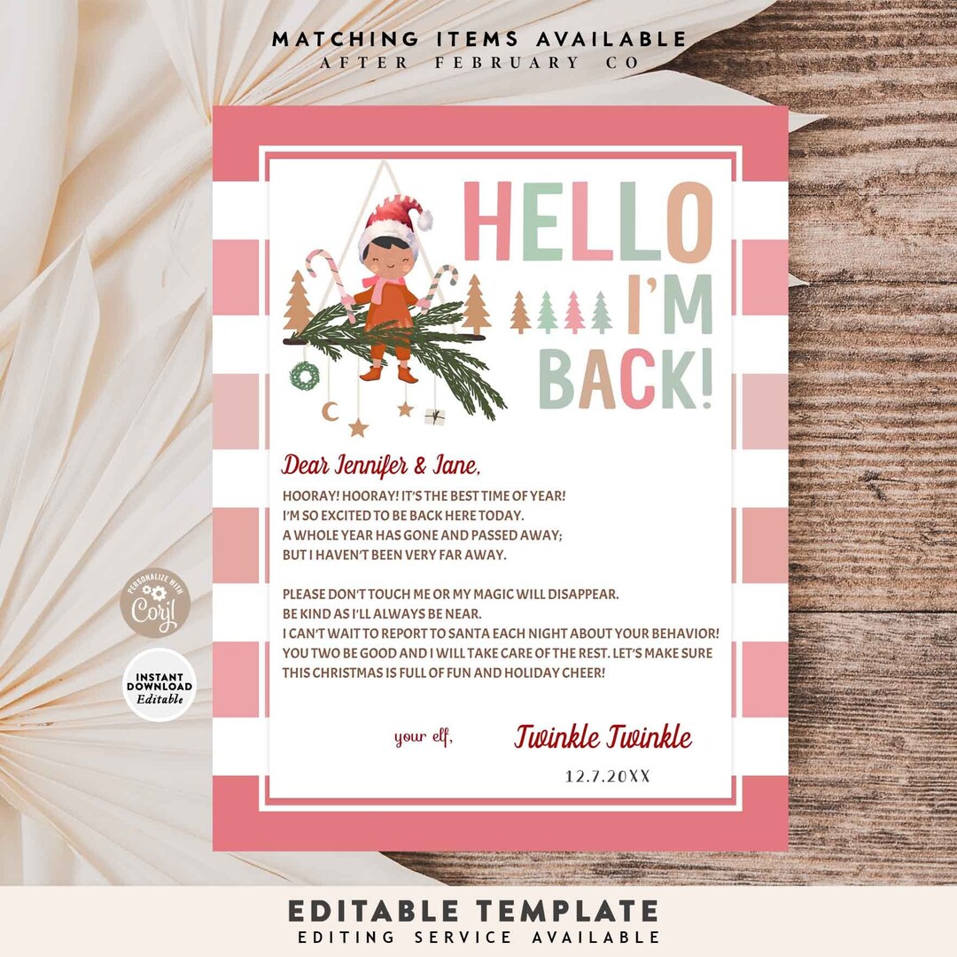 EDITABLE Girl Elf Welcome Back I'm Back Letter Modern Muted Pink Elf ...