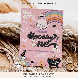 Editable Spooky ONE Groovy Halloween Ghost 1st Birthday Invitation Cute ...
