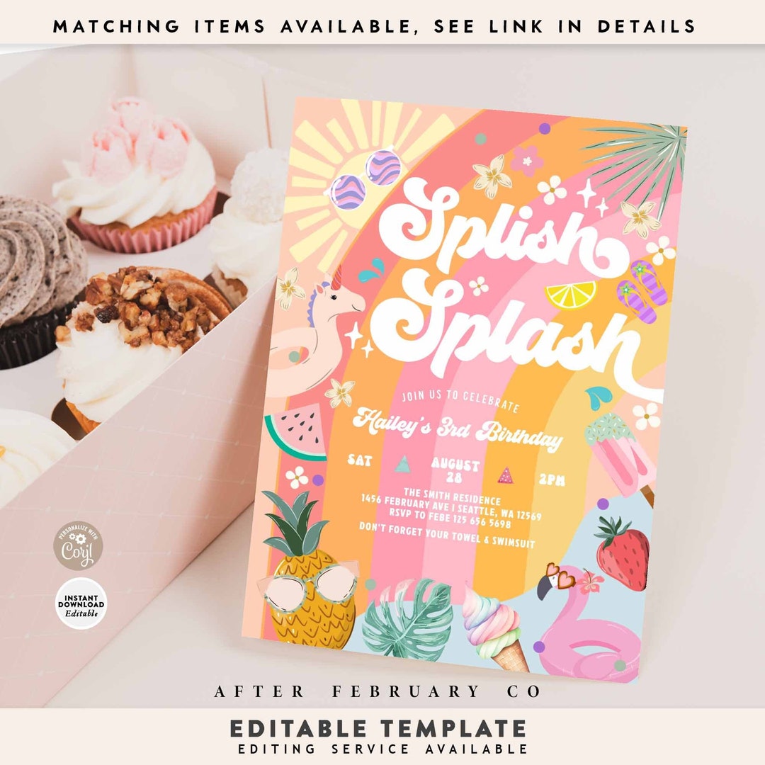 Editable ANY AGE Splish Splash Birthday Pool Party Invitation Girly ...