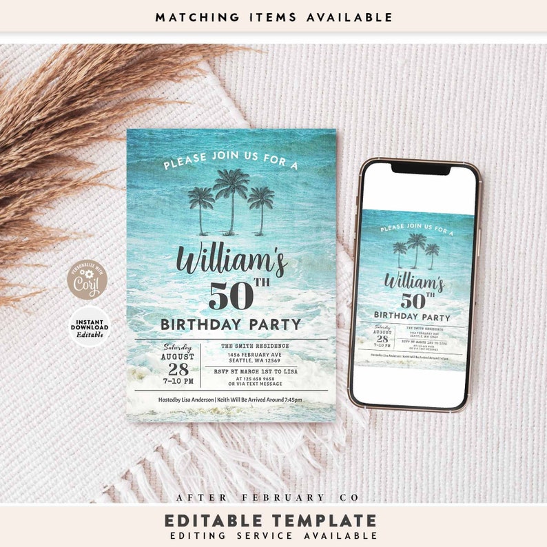 Editable Plum Tree Tropical Beach Birthday Invitation: Caribbean Ocean ...