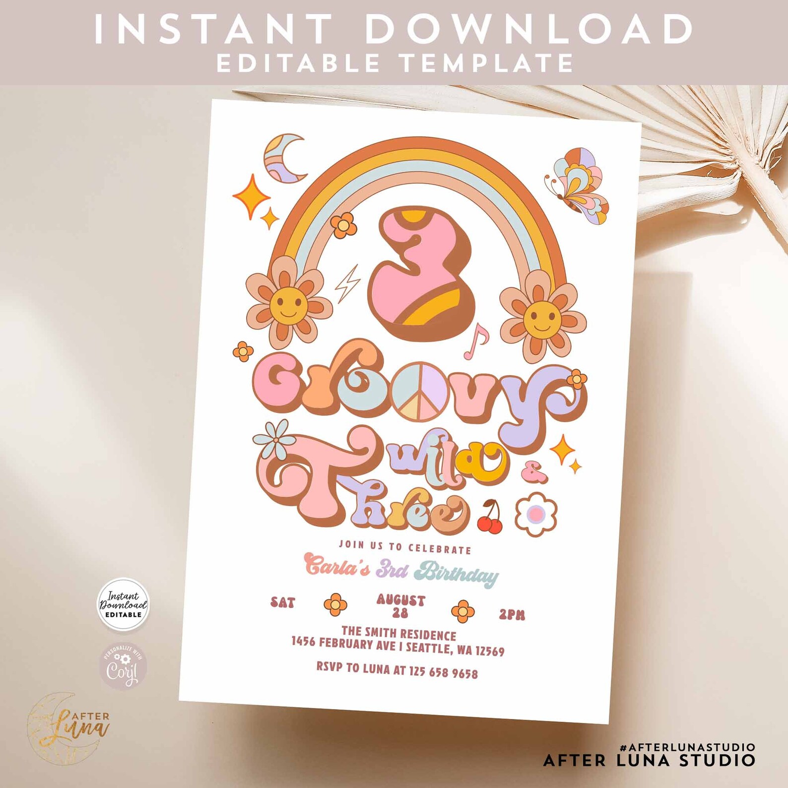 Editable Groovy Wild and THREE Birthday Invite Daisy Rainbow | Etsy