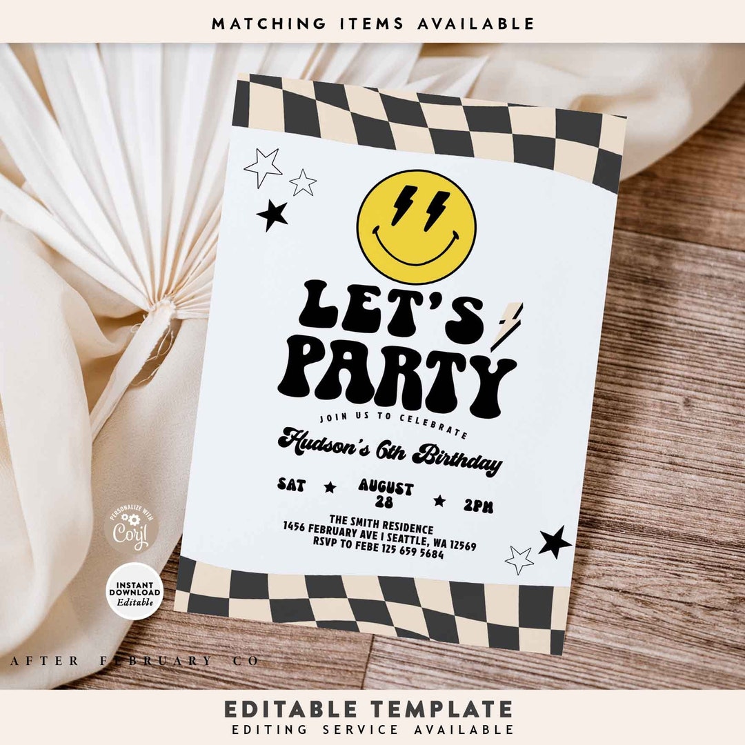 Smile Face Birthday Invitation: Boy Modern Black White Birthday Party ...
