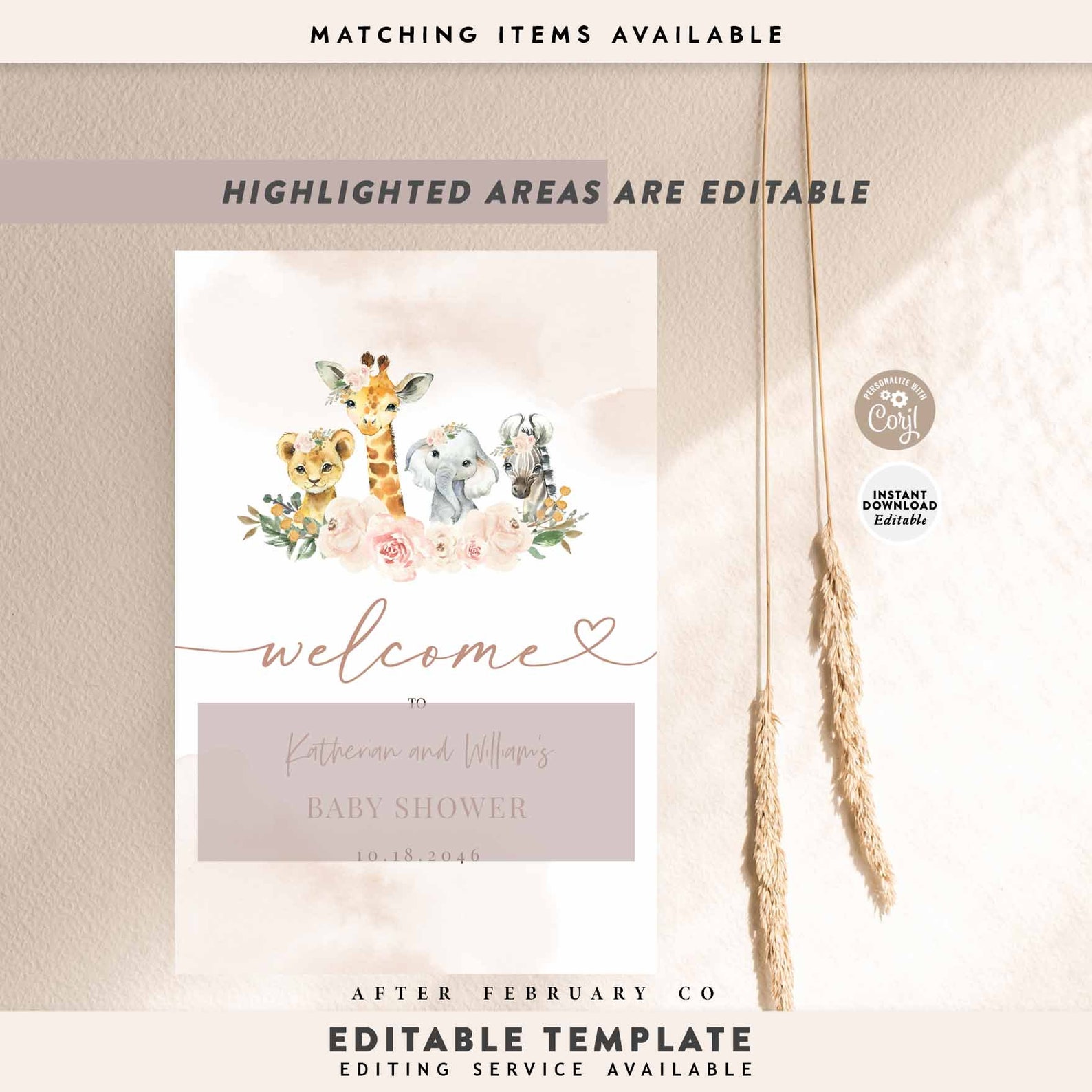 EDITABLE Safari Baby Shower Welcome Sign Girl Pink African Jungle ...