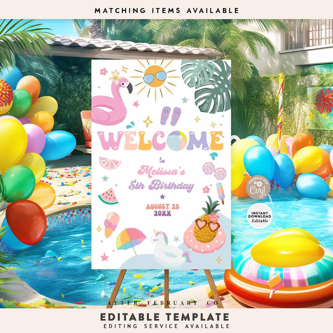 EDITABLE Girl Splash Pad Park Pool Splash Welcome Sign Birthday Welcome ...