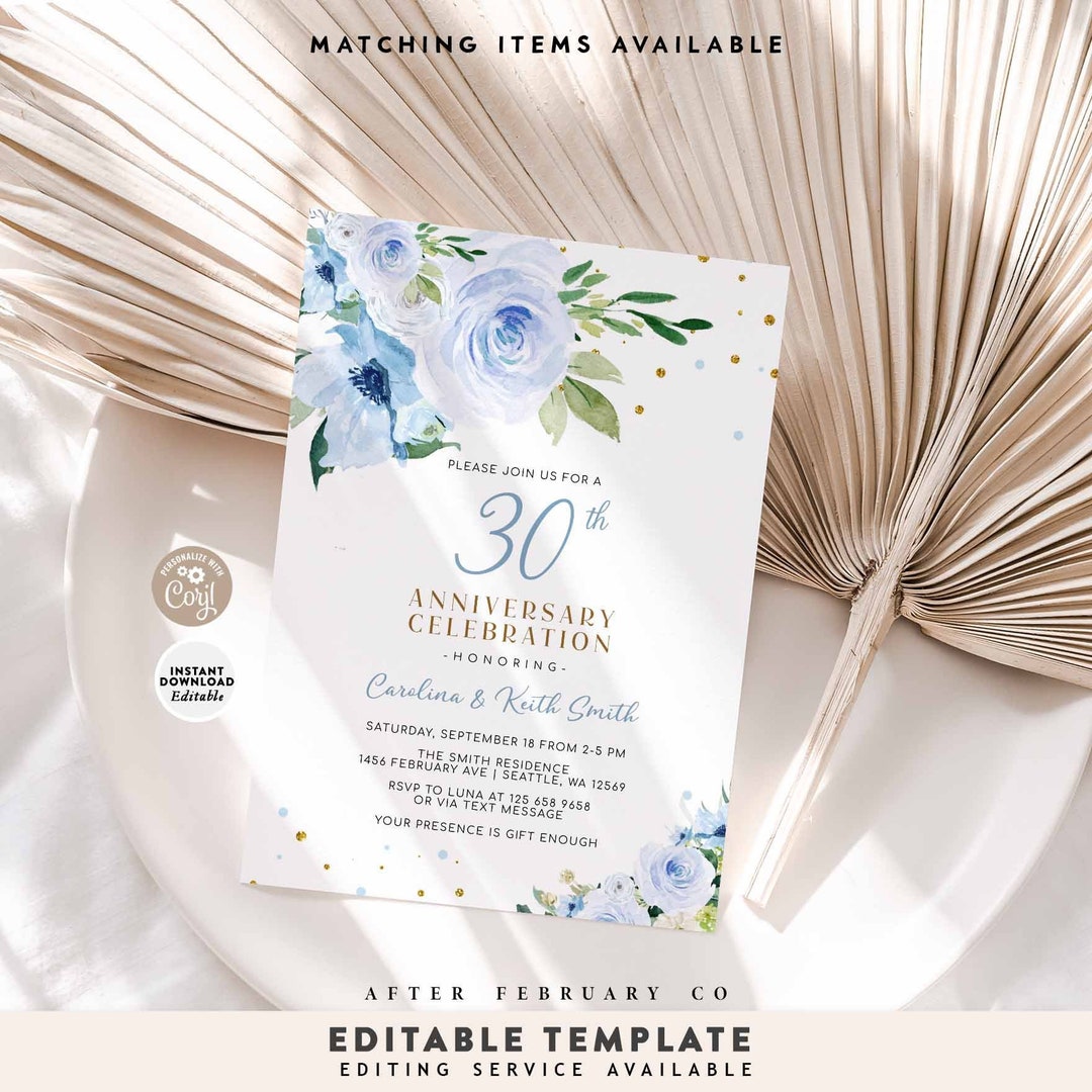 EDITABLE ANY YEAR Blue Floral Wedding Anniversary Light Blue and Gold ...