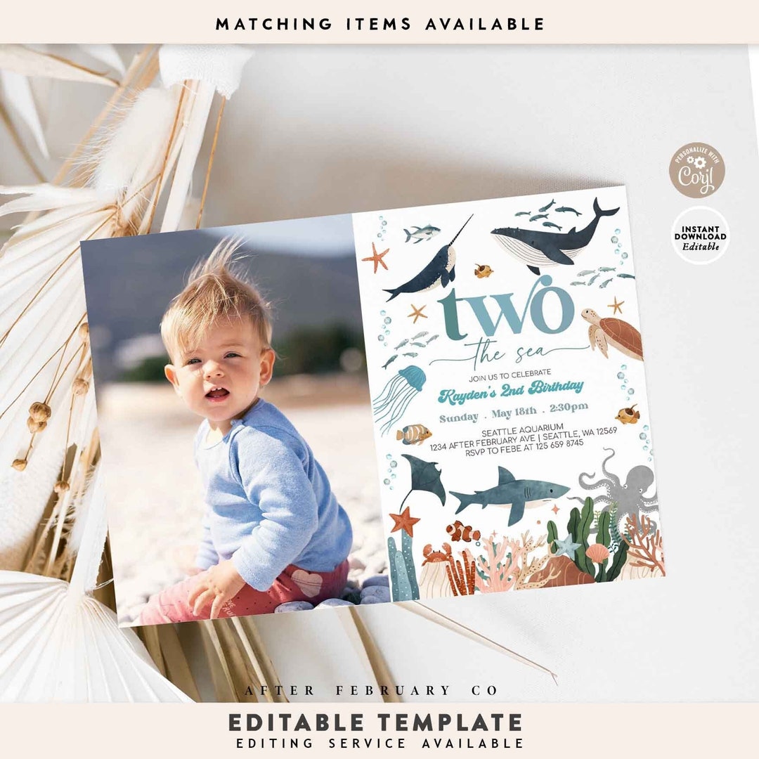Editable Boy TWO the Sea Under the Sea 2nd Birthday Photo Invitation ...