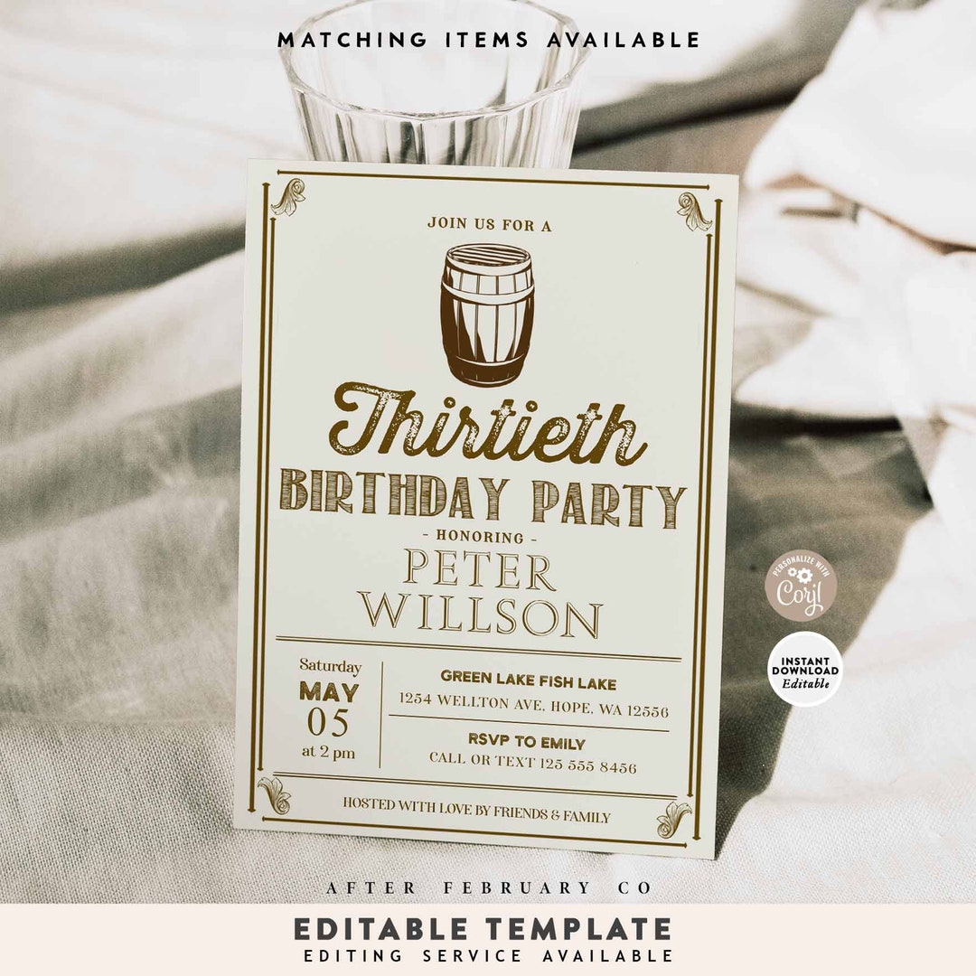 Editable ANY AGE Whiskey Barrel Men Birthday Party Invitation Rustic ...