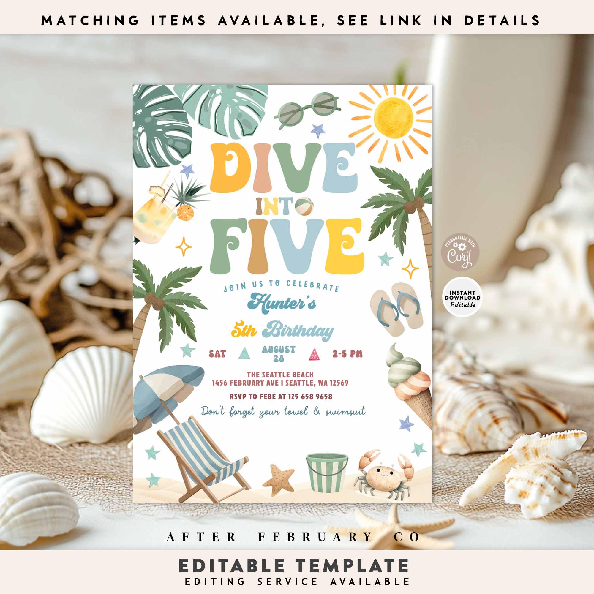 Dive Into Five Boy 5th Birthday Invitation: Beach Theme Birthday Invite ...